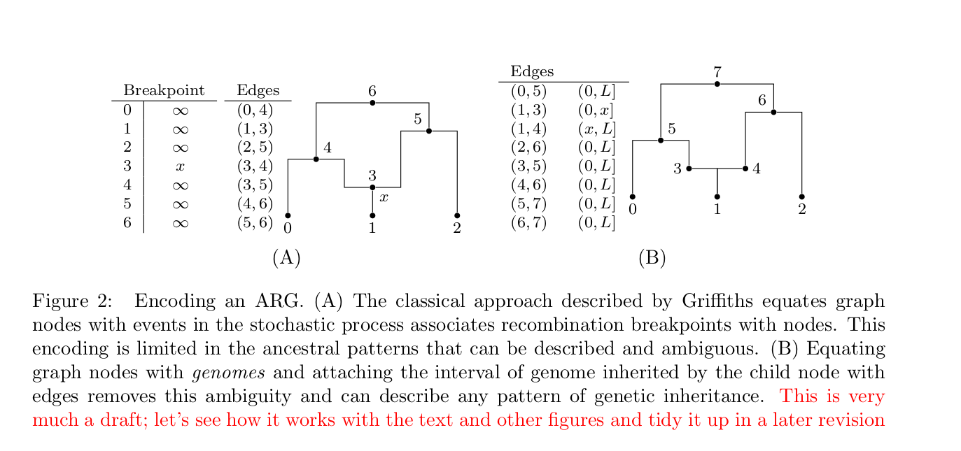 Tweaks to Figure 2: Encoding an ARG: Griffiths (node annotated w/ events) vs TS (edge annotated ...