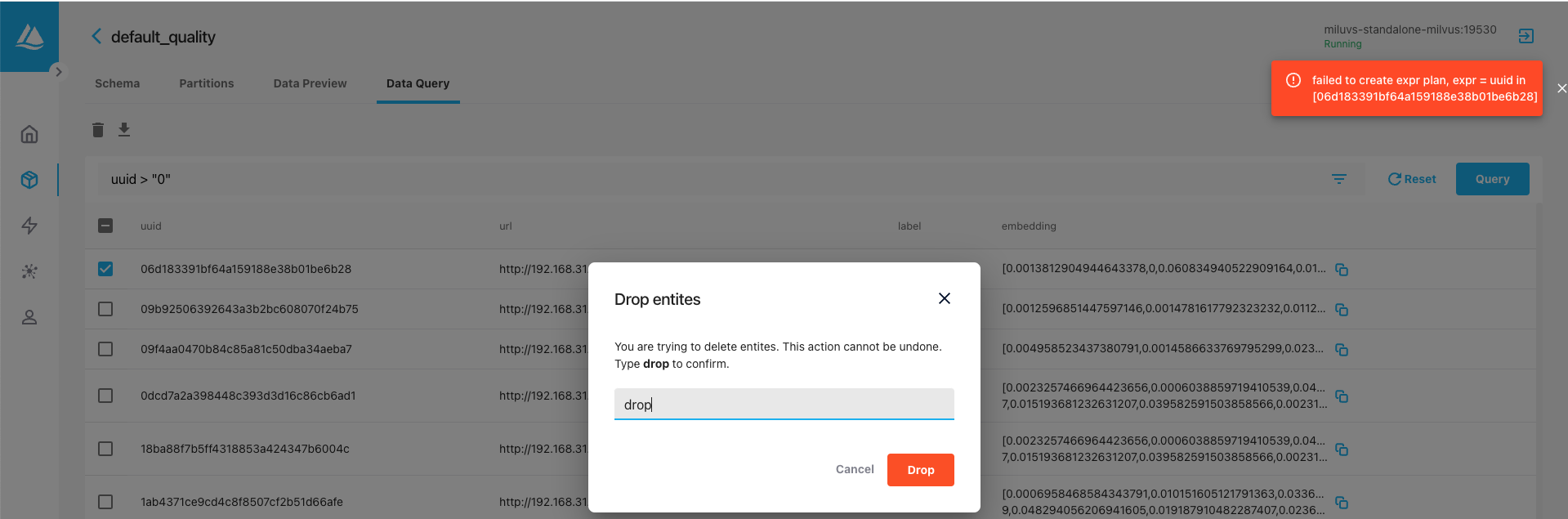 milvus collection 主键是 varchar 时，attu删除entities时，会报错 · Issue #185 · zilliztech/attu · GitHub