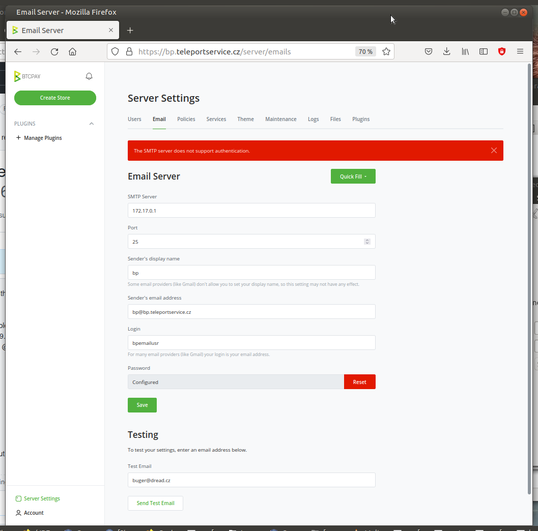 Can't use SMTP server without authentication to send mail from btcpayserver · Issue #3656 ...