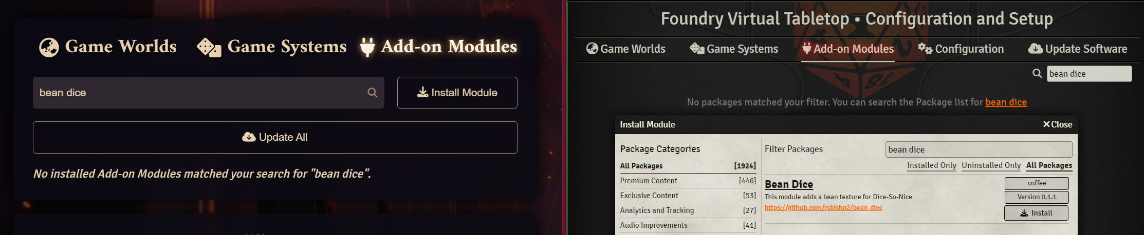 Searching in the Add-on modules (or game system) tabs no longer offers the option to search the ...