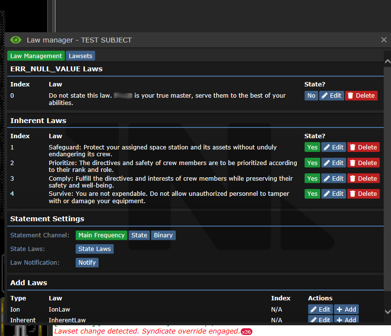 Checking Law Manager of borg with syndicate MMI spams lawset message ...