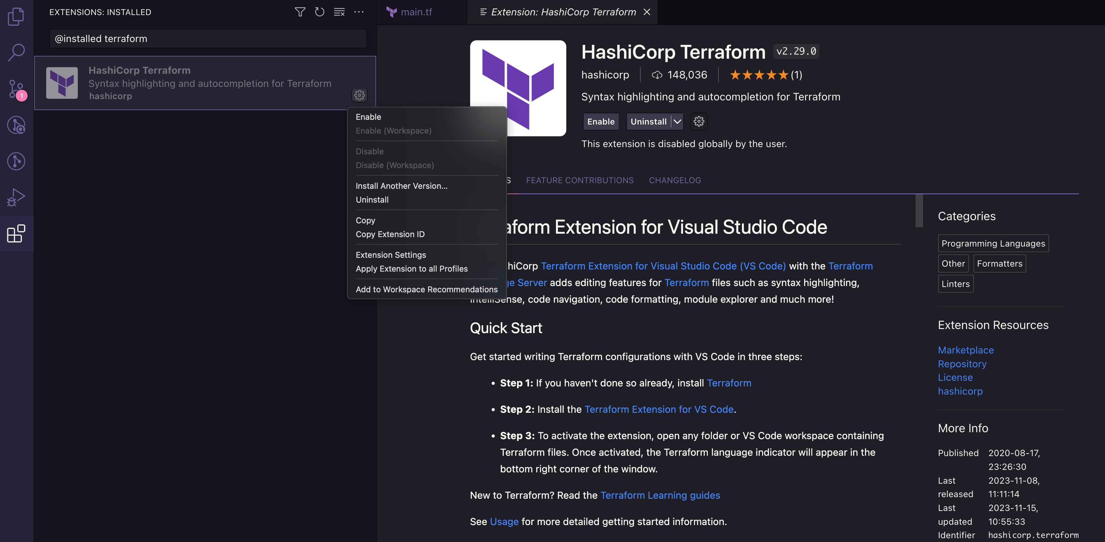 Can T Enable Or Disable Extension Per Workspace · Issue 1629 · Hashicorp Vscode Terraform · Github