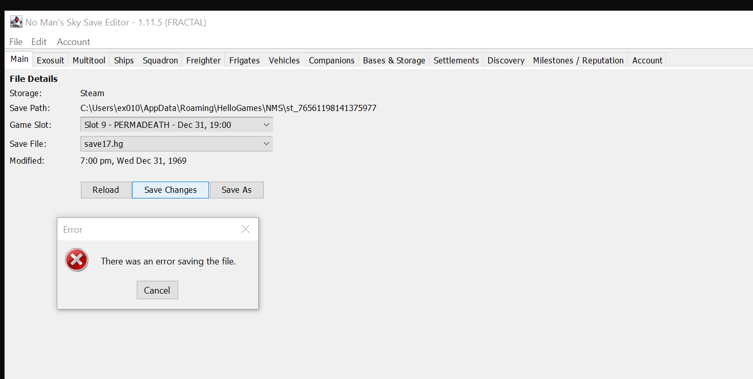 Unable to save changes · Issue #729 · goatfungus/NMSSaveEditor · GitHub