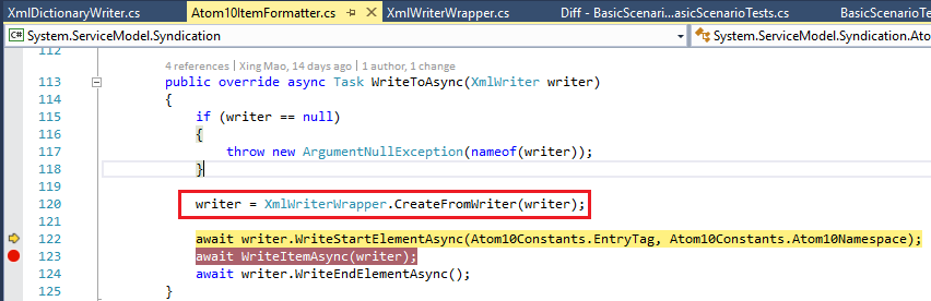 XmlWriterWrapper.CreateFromWriter(XmlWriter writer) return instance ...
