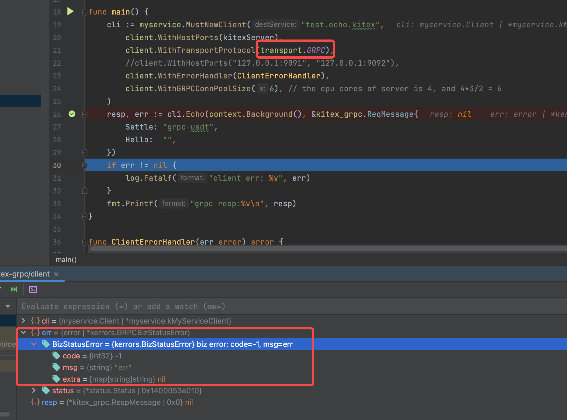 client传输协议选择transport.TTHeader时，无法接收到server返回的kerrors.NewBizStatusError · Issue #747 · cloudwego ...