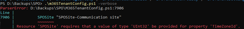 Resource 'SPOSite' requires that a value of type 'UInt32' be provided for property 'TimeZoneId ...