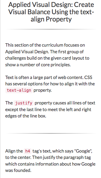 Applied Visual Design: Create Visual Balance Using the text-align Property. Missing crucial ...