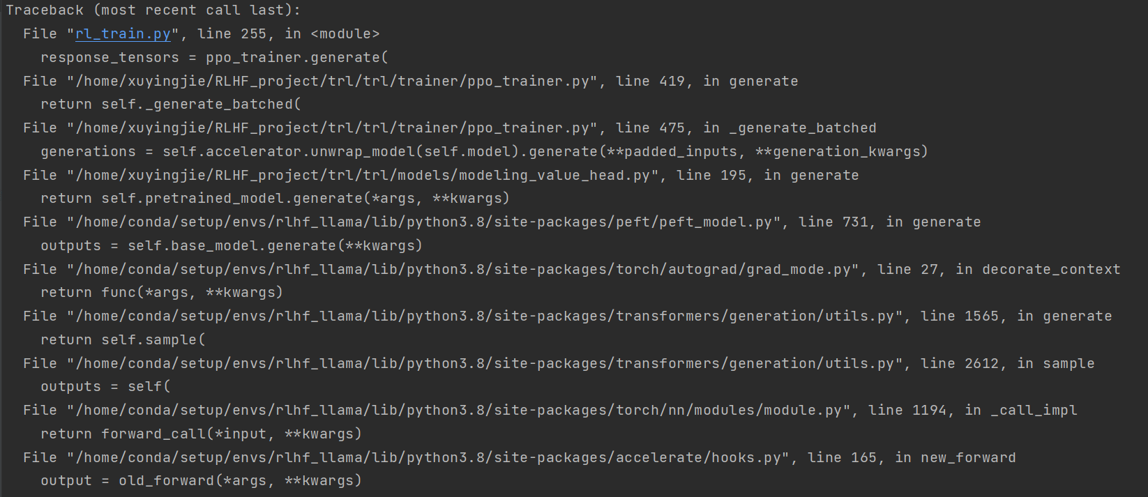 运行 train_llm_with_rl.py 是会在 ppo_trainer.generate(...) 报如下的错误，请教解决 · Issue #2 · jasonvanf/llama ...