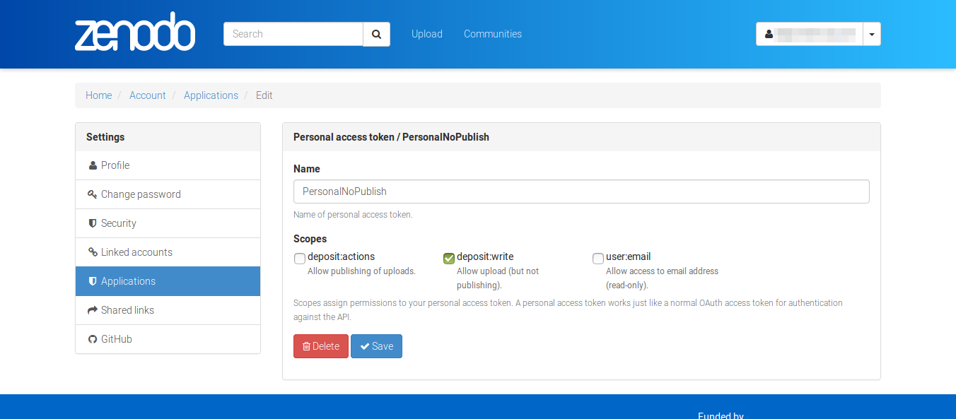 Cannot see my personal access token in Zenodo · Issue #1586 · zenodo/zenodo · GitHub