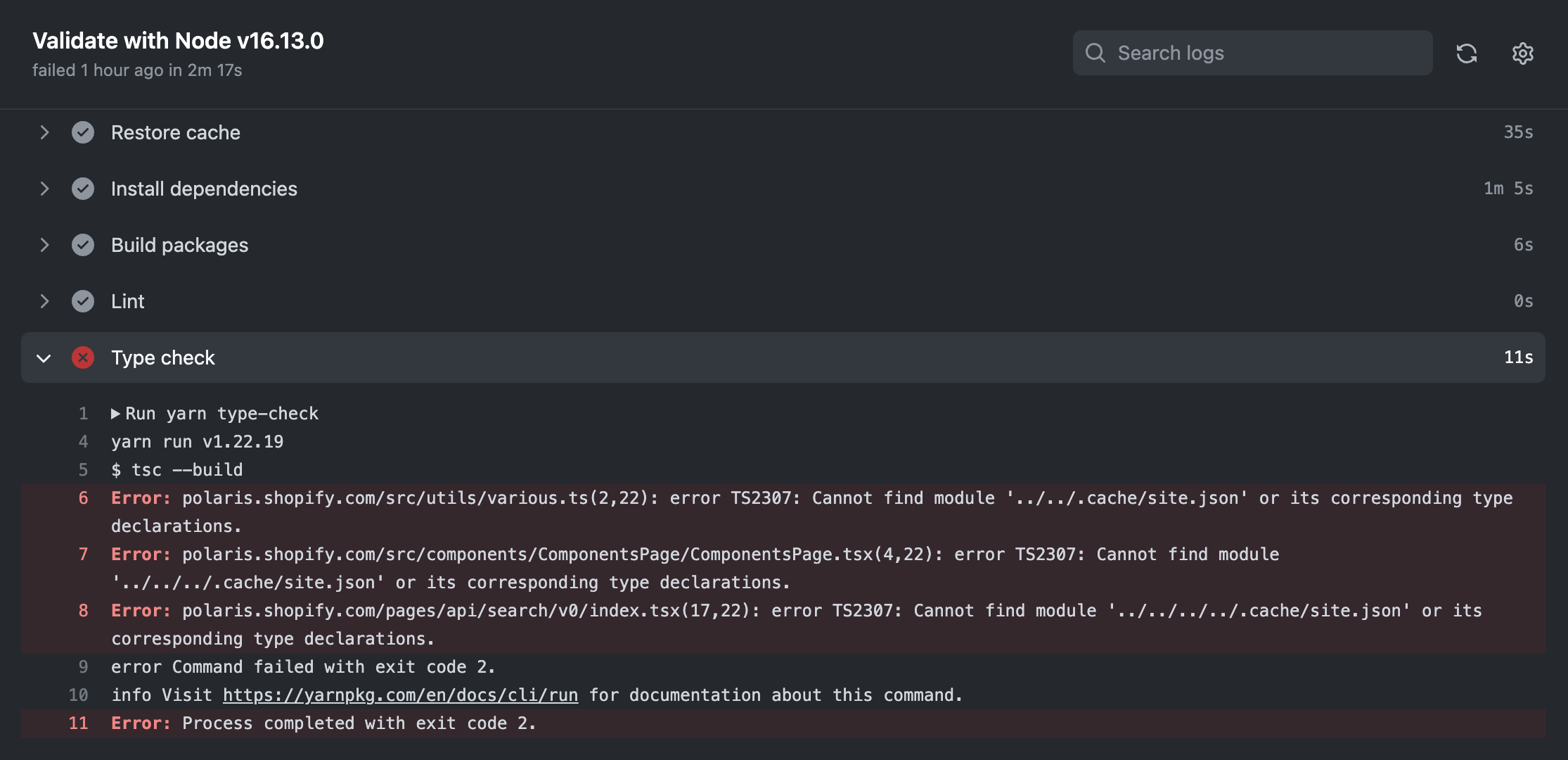 Node CI checks fail type check because of missing `cache/site.json` · Issue #7135 · Shopify ...