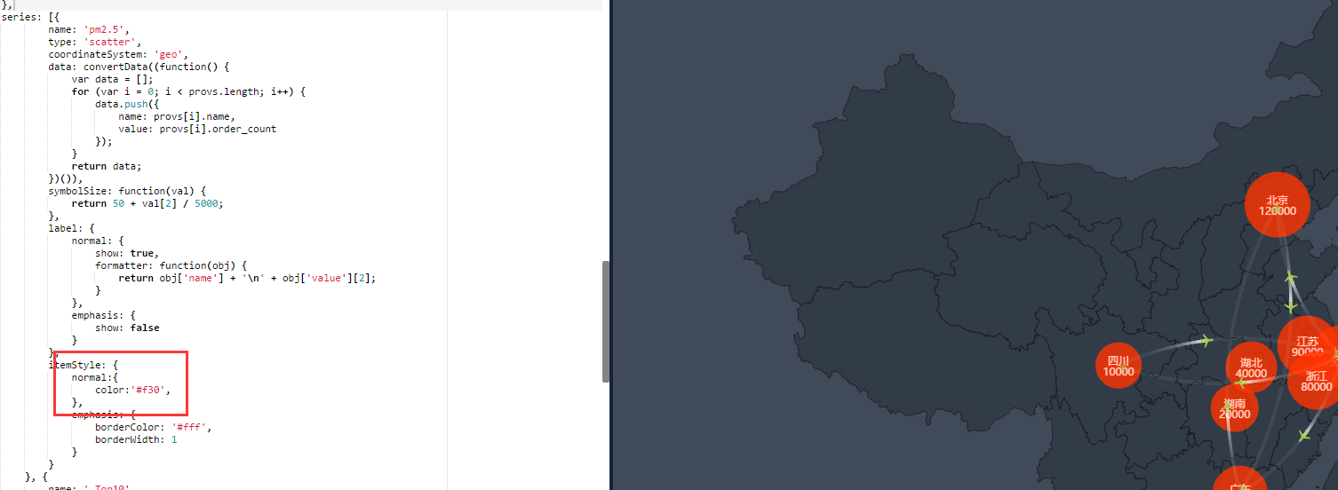 echarts 视觉映射后，导致散点图（effectScatter） 无法设置 itemStyle > color · Issue #8264 · apache/echarts · GitHub