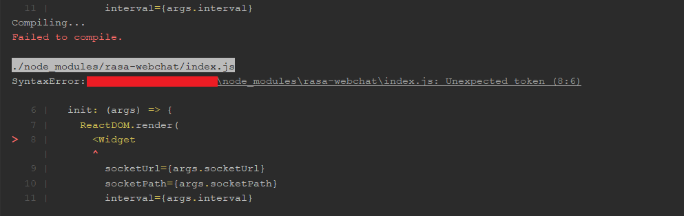 Unexpected token (8:6) · Issue #71 · botfront/rasa-webchat · GitHub