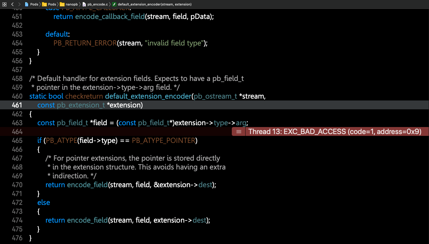 Throwing EXC_BAD_ACCESS since 0.3.904 · Issue #445 · nanopb/nanopb · GitHub