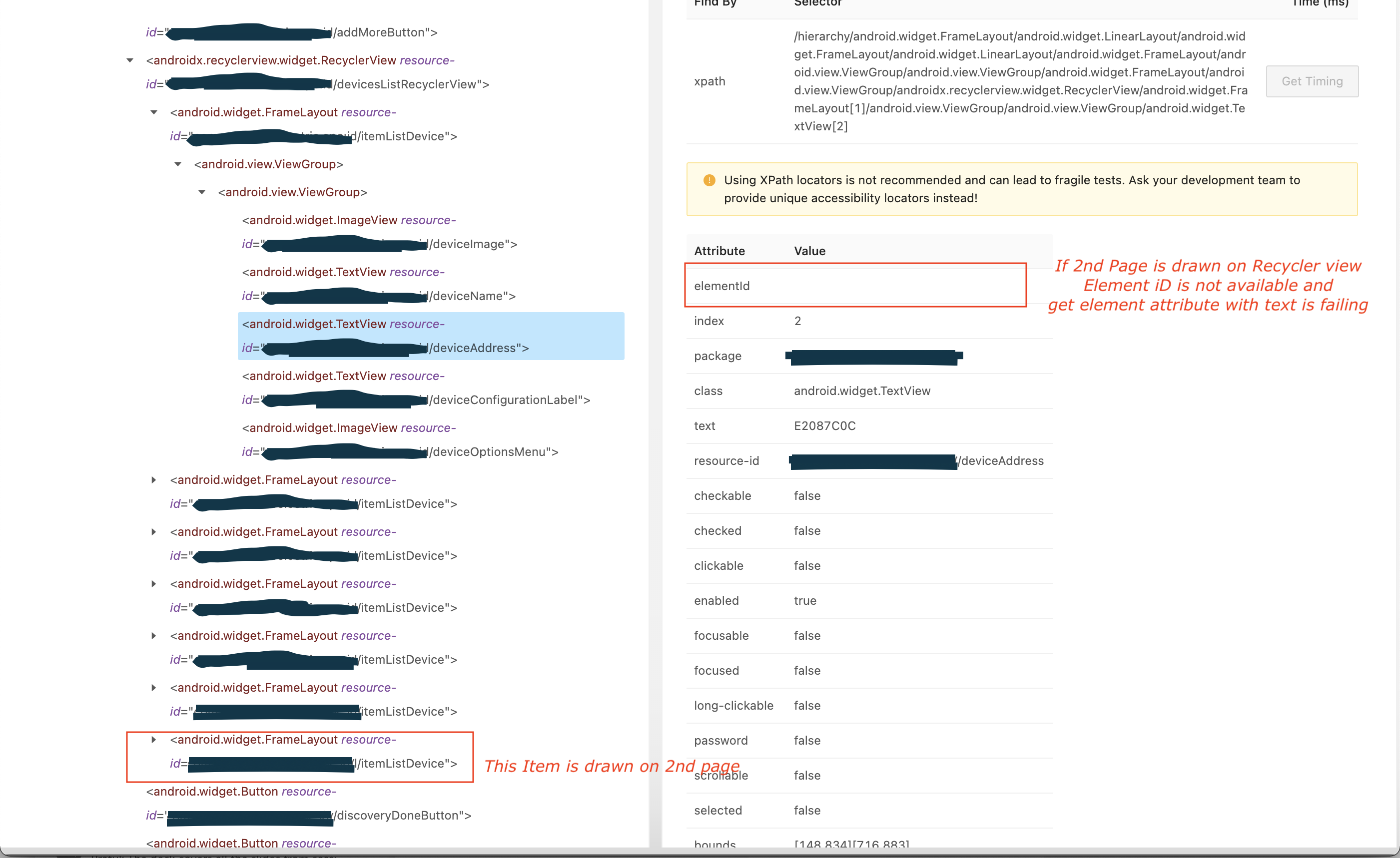 RecyclerView : Element id is not Visible in Appium Desktop if 2nd Page is drawn and giving error ...