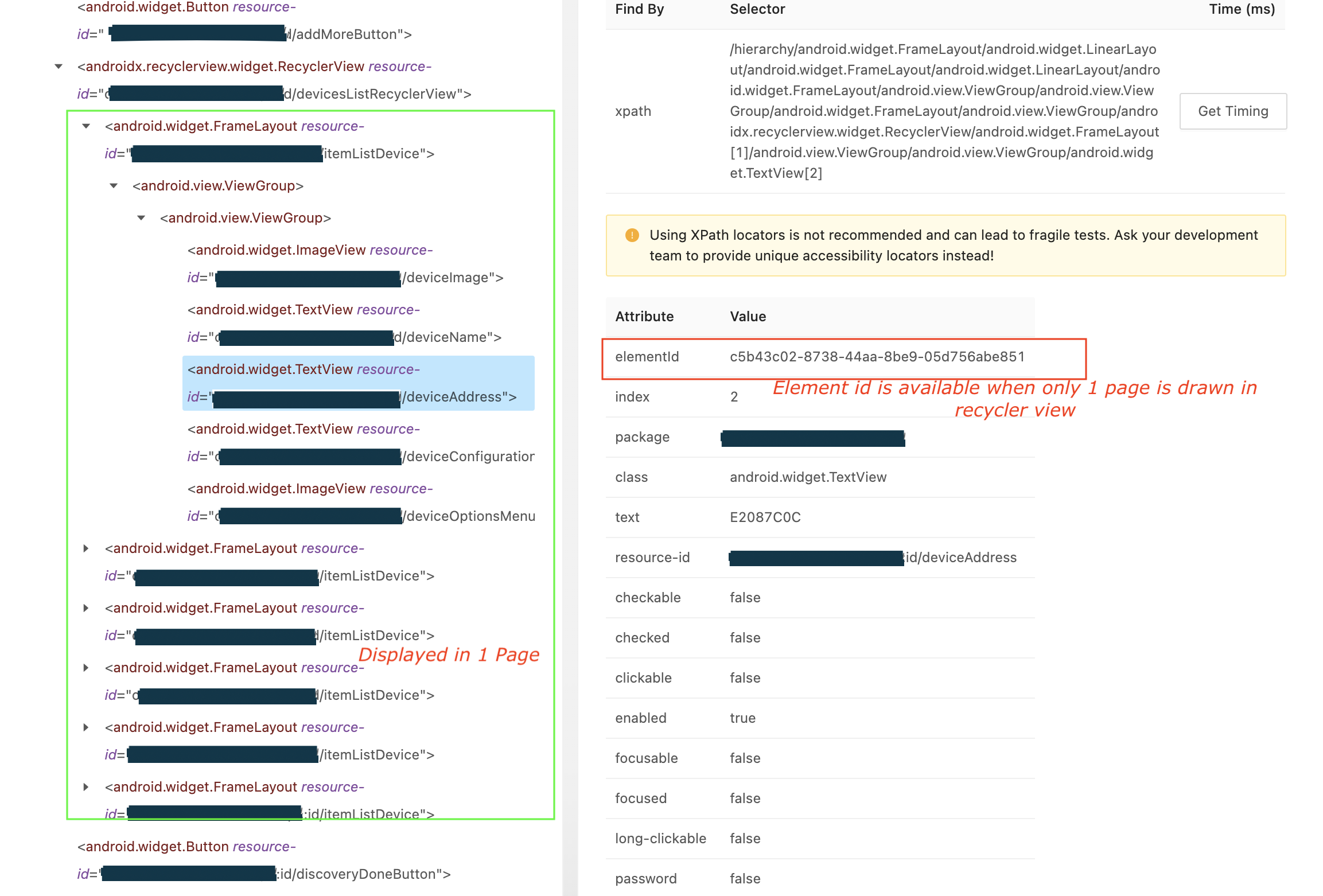 RecyclerView : Element id is not Visible in Appium Desktop if 2nd Page is drawn and giving error ...