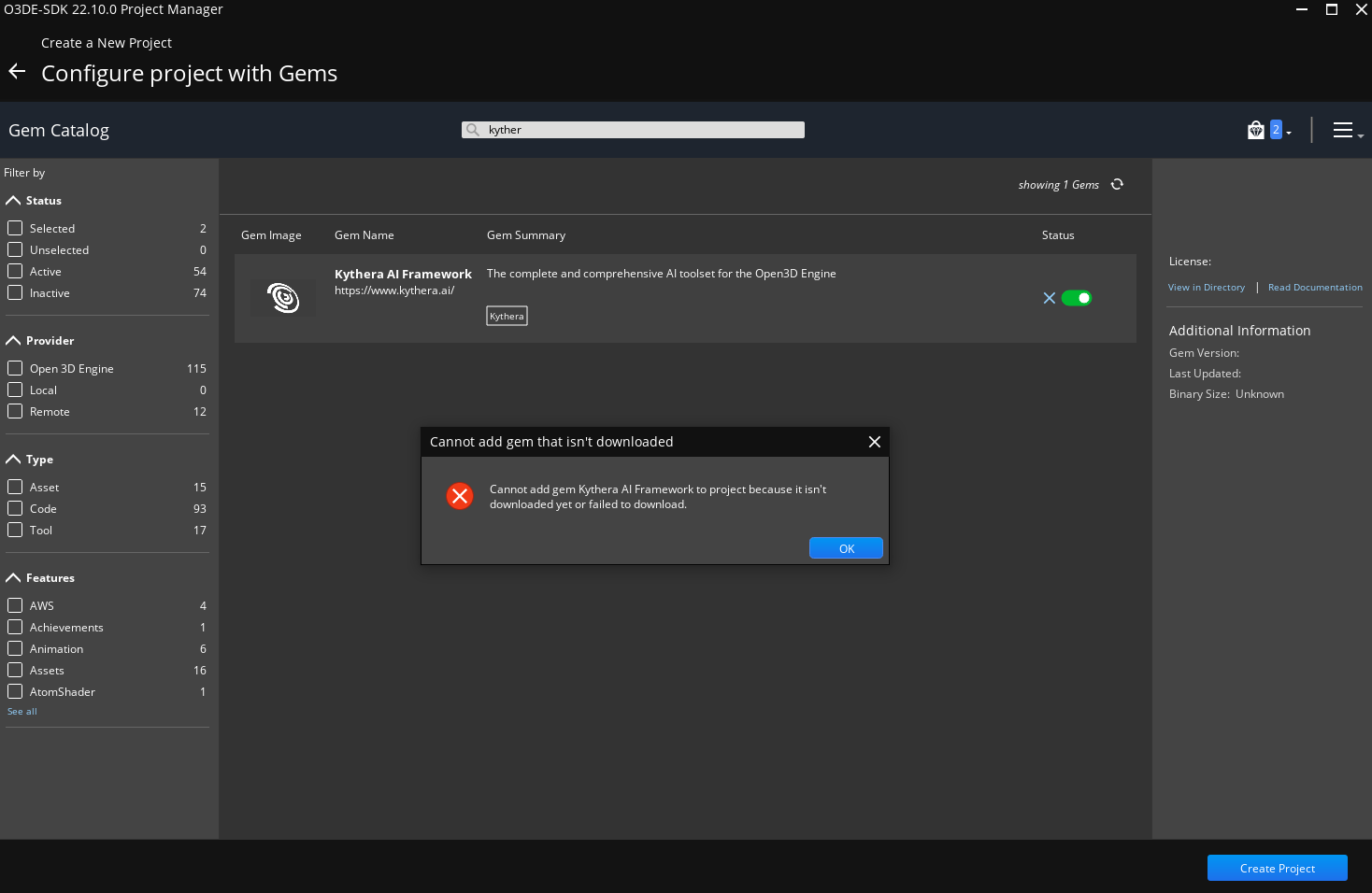 Gems added from project manager cannot be added to projects · Issue #12293 · o3de/o3de · GitHub