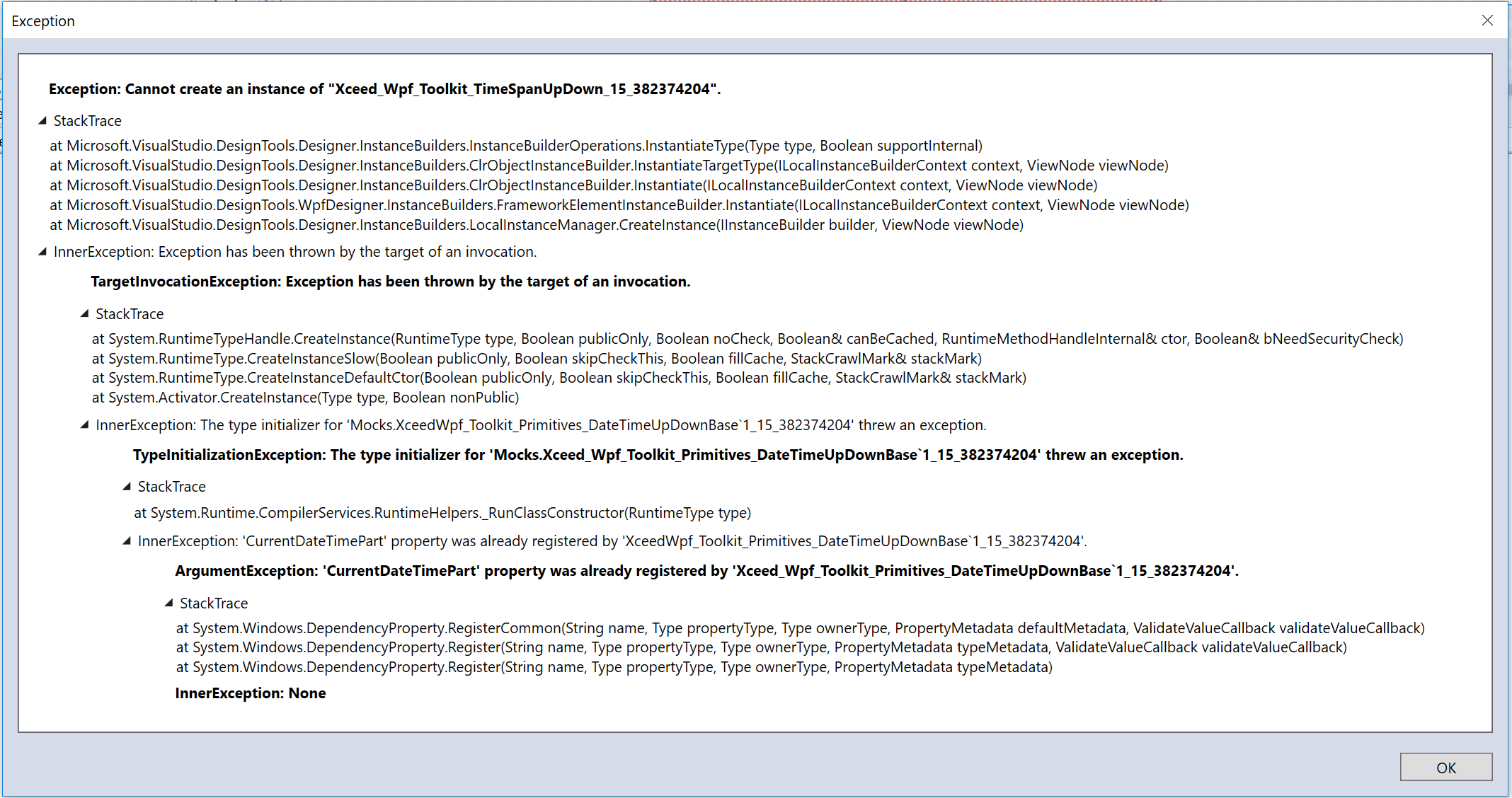 TimeSpanUpDown Exception at DesignTime · Issue #1374 · xceedsoftware/wpftoolkit · GitHub