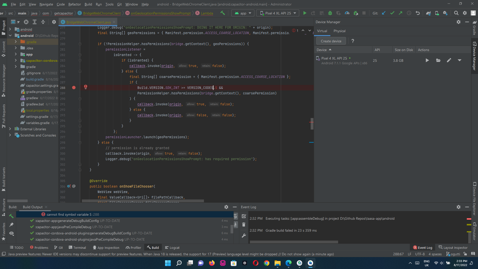 bug: Cannot resolve symbol 'S' in BridgeWebChromeClient.java · Issue #5870 · ionic-team ...