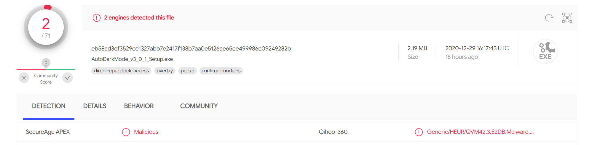Virustotal detects two 2 engines in the installer · Issue #199 · AutoDarkMode/Windows-Auto-Night ...