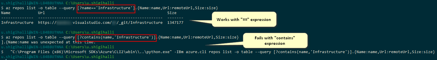 Bug Unable To Use Contains Query For Repos · Issue 446 · Azureazure Devops Cli Extension 4569