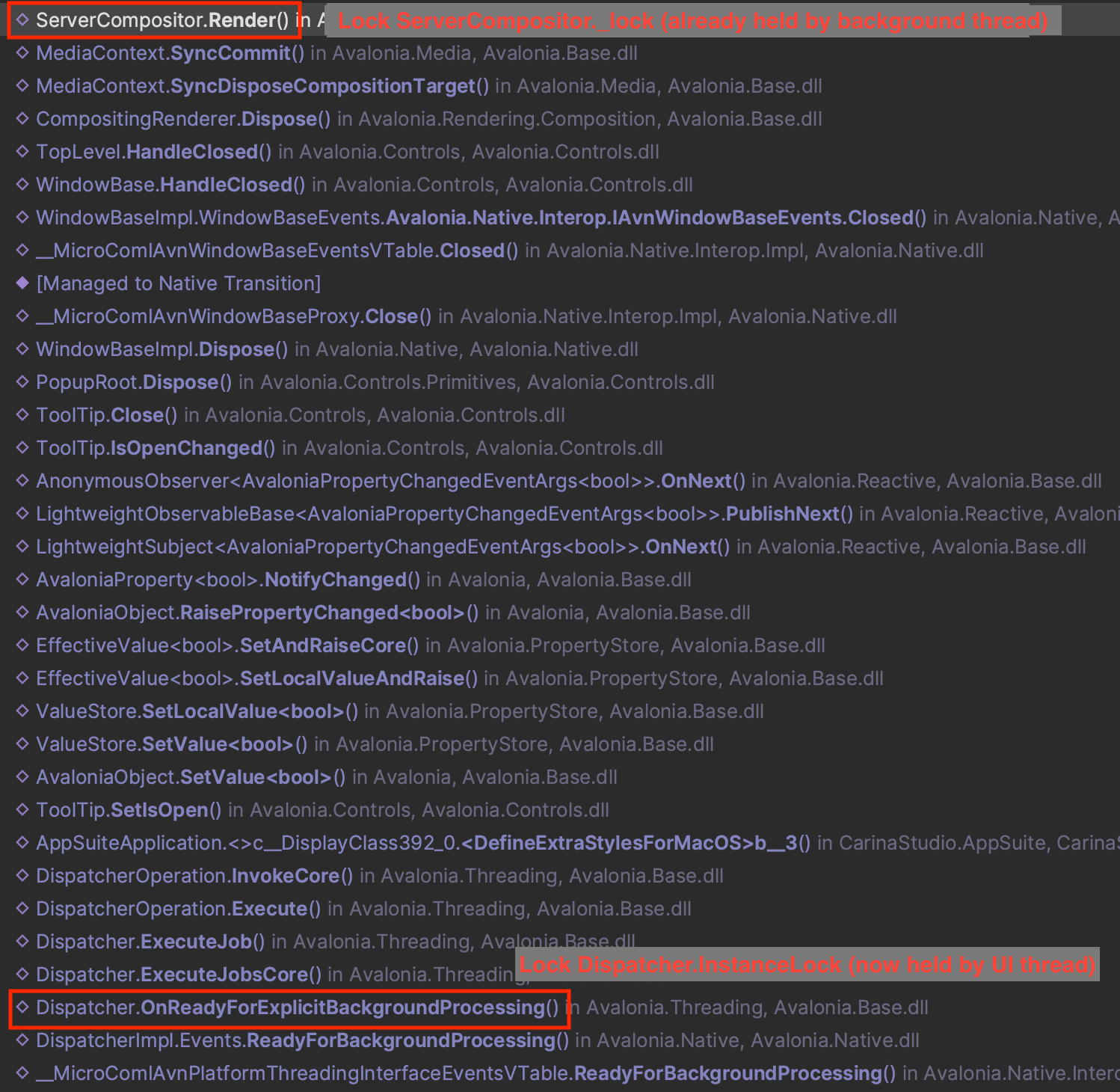 Deadlock of UI thread and background render thread · Issue #12144 · AvaloniaUI/Avalonia · GitHub