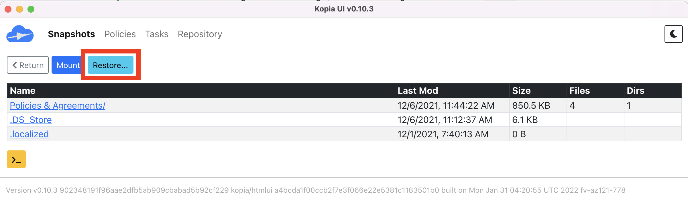 Video that introduces the GUI does not show one how to _restore_ files ...
