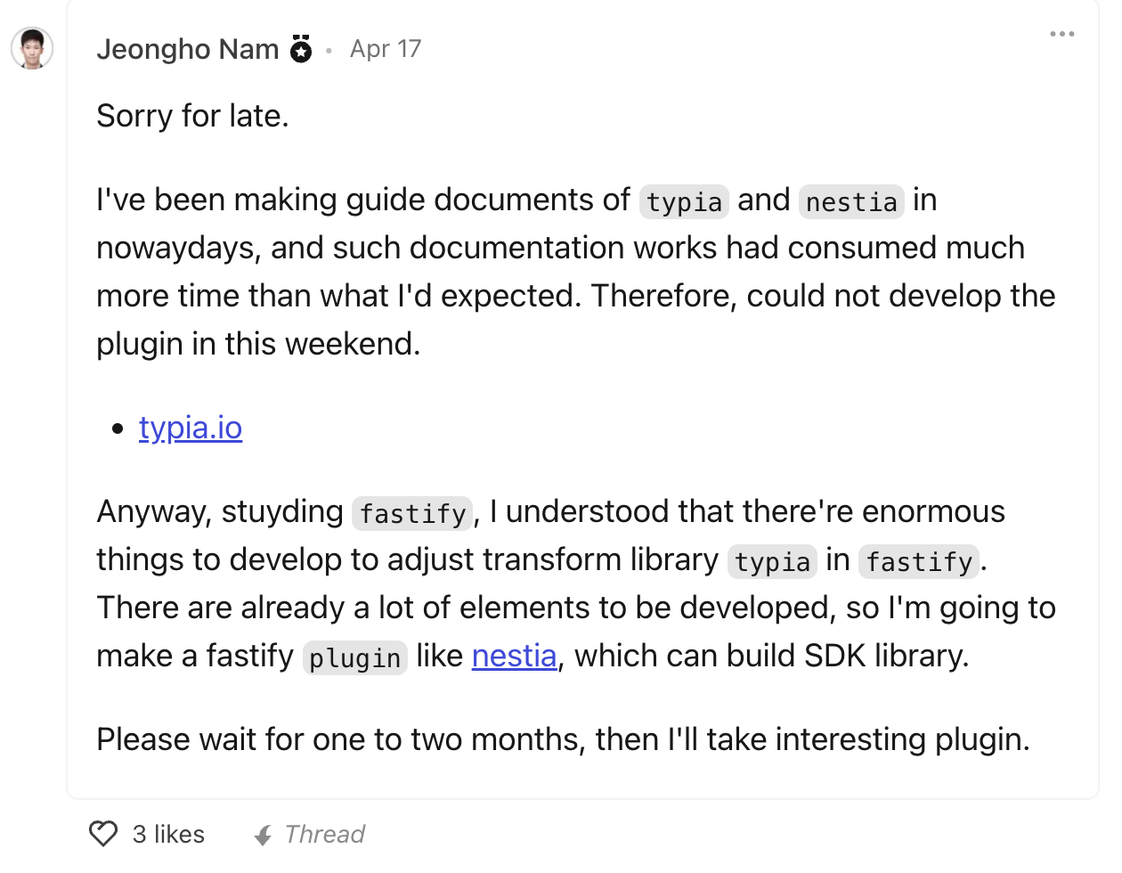 Progression For Fastify Plugin · Issue 669 · Samchon Typia · Github