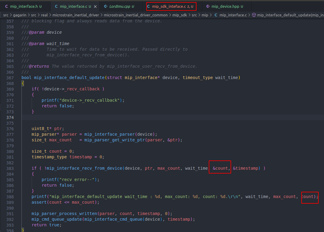 mip_ interface_ recv_ from_ Device() function cannot read data. The amount(variable count = 0 ...