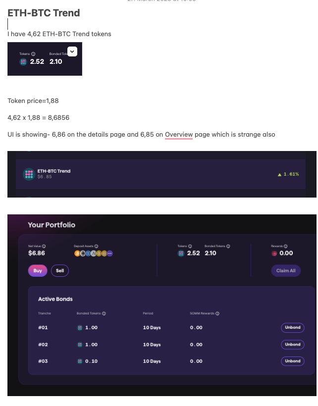Token price x tokens and bonded tokens amount not matching with Net ...