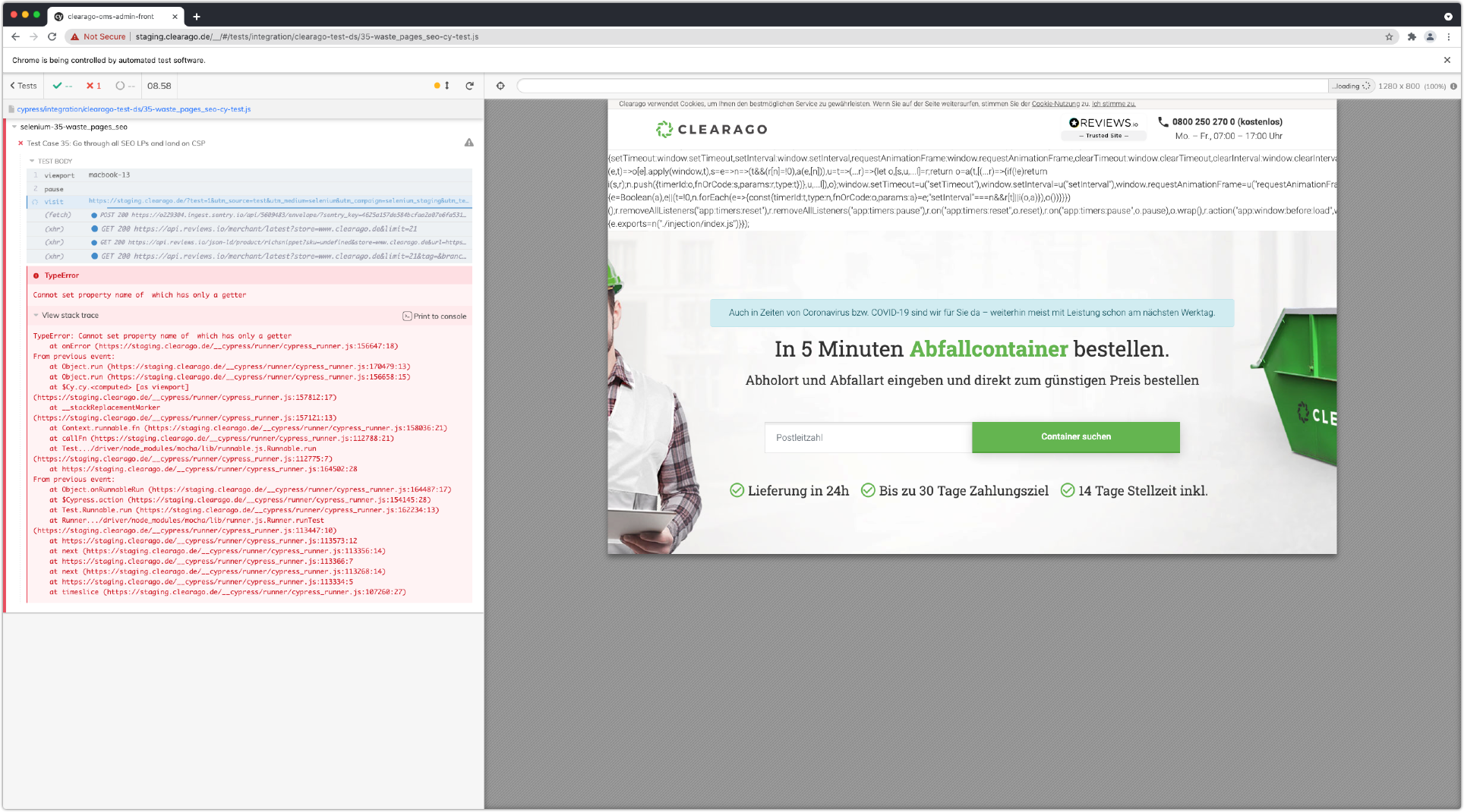 Expected to find the global cypress parent window but it is missing ...