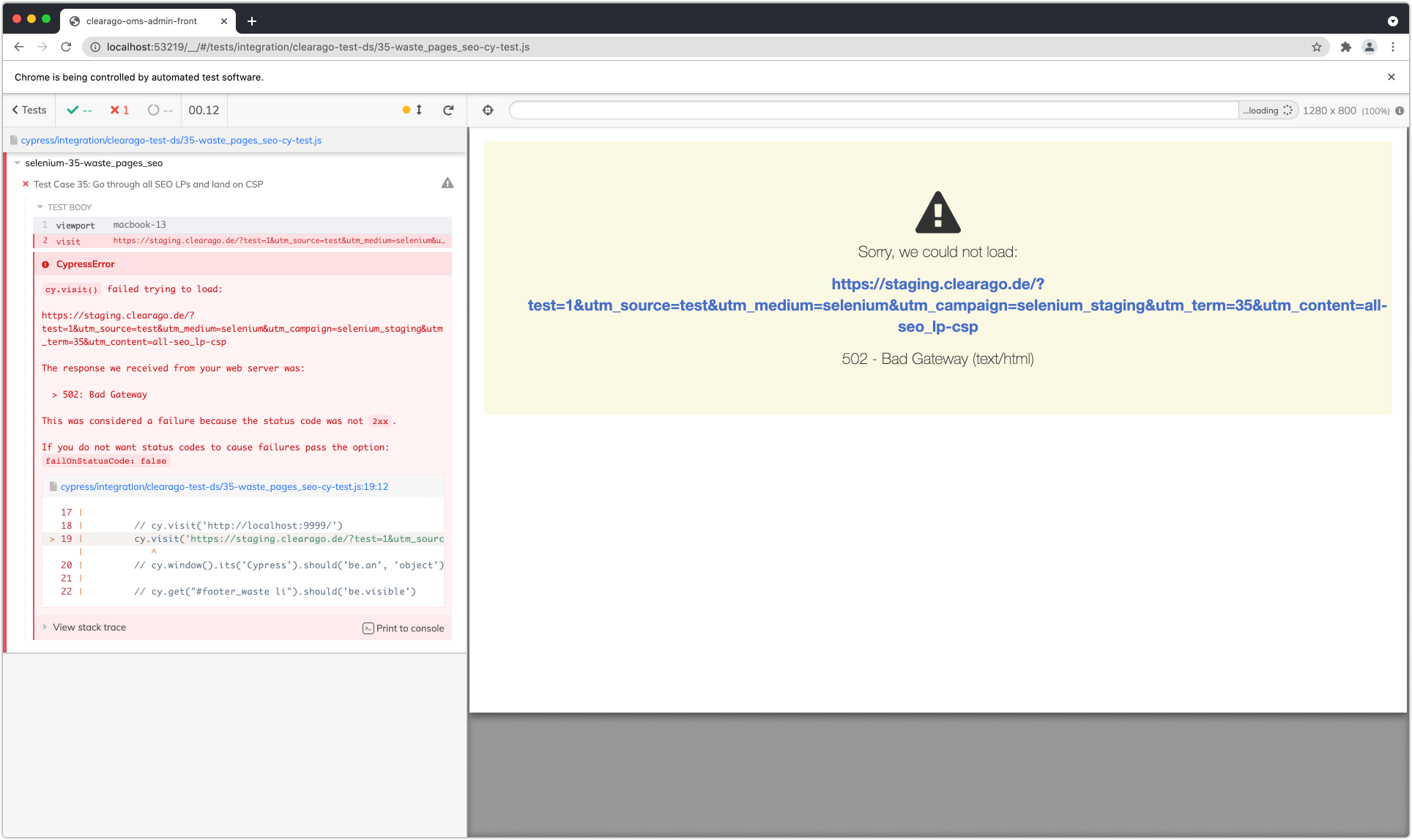 Expected to find the global cypress parent window but it is missing ...
