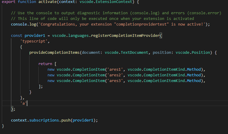 registerCompletionItemProvider with letters as trigger characters block ...