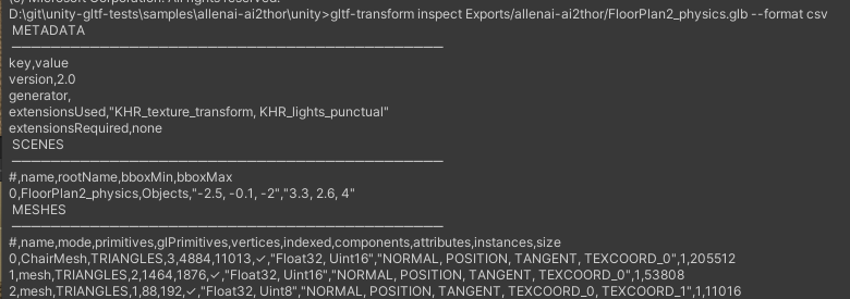 gltf-transform inspect FILE --format csv has INFO header without CSV format · Issue #229 ...