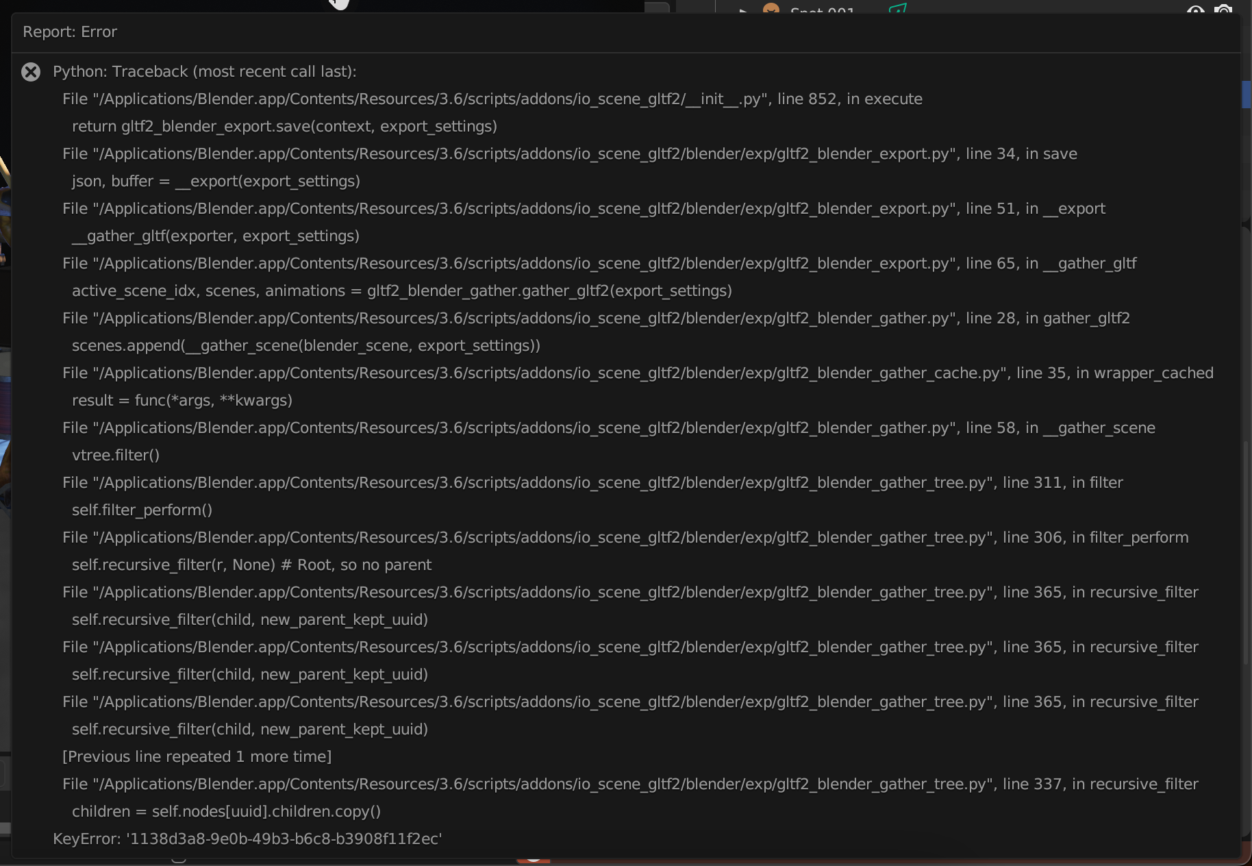 Exception on export with "KeyError: ..." · Issue #2020 · KhronosGroup/glTF-Blender-IO · GitHub