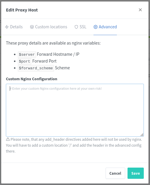 Adds advanced config header warning by chaptergy · Pull Request #1561 · NginxProxyManager/nginx ...