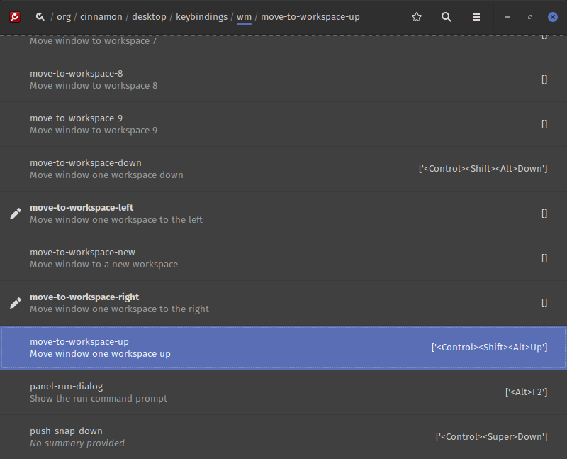Cannot remap keybinding 'move to workspace up' · Issue #9330 · linuxmint/cinnamon · GitHub