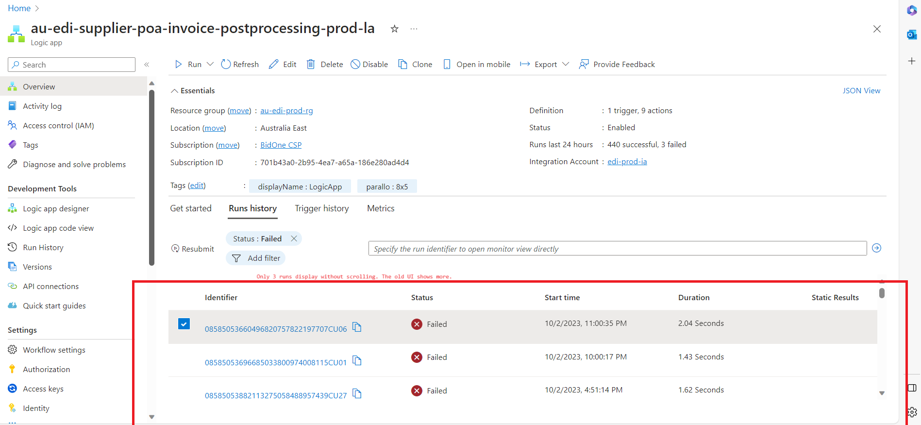 Can Only See 3 Runs On Run History Page Without Scrolling · Issue 3401 · Azure Logicappsux