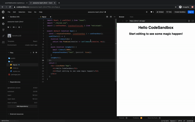 autoHideDuration expired queued from unfocus window · Issue #282 · iamhosseindhv/notistack · GitHub