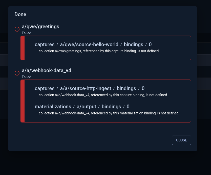 Failed delete of a Collection still used by Capture/Materialization ...