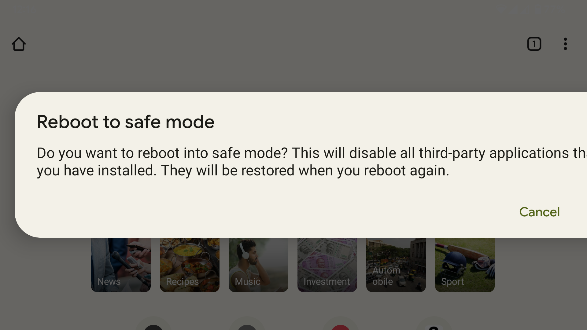 Safe mode dialog box shows truncated content and missing action buttons ...