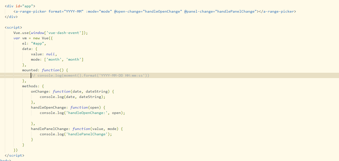 浏览器引入antd后，range-picker中的panelChange无法使用。 · Issue #2 · vueComponent/vue-dash-event · GitHub