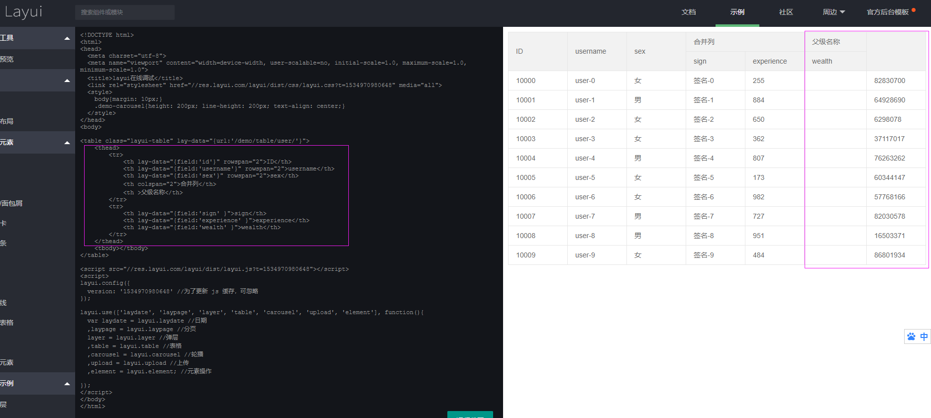 Table 复杂表头，一列多行时 数据列错乱 · Issue #324 · layui/layui · GitHub