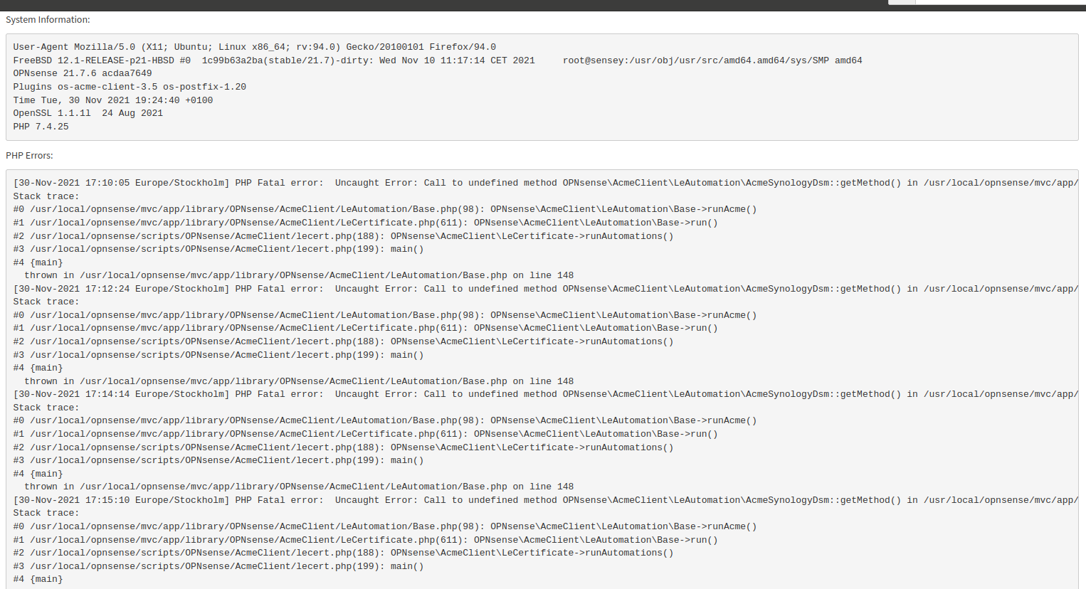 security/acme-client: Uncaught Error: Call to undefined method OPNsense\AcmeClient\LeAutomation ...