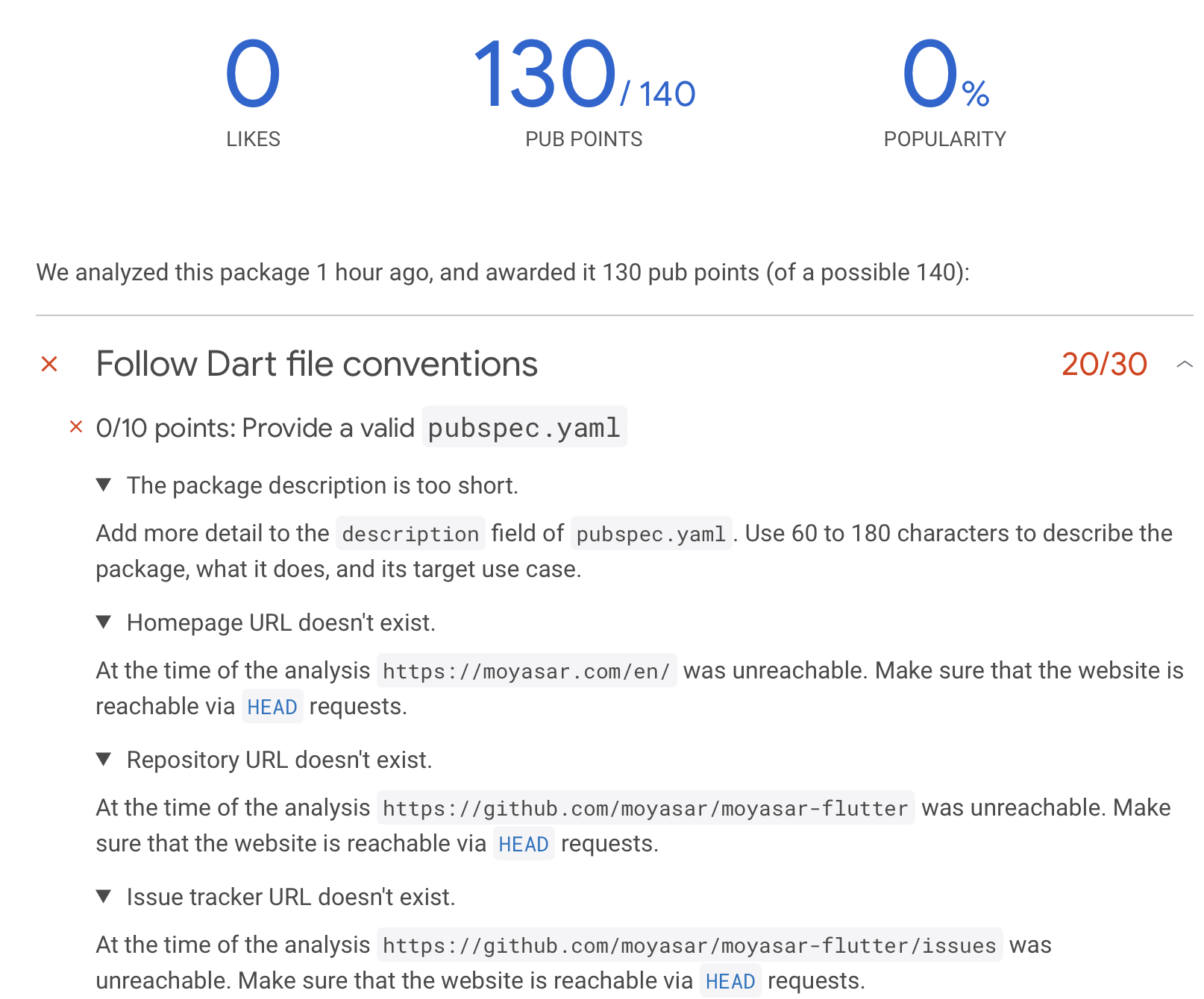 Achieve full pub points in the package page in pub.dev · Issue #4 · moyasar/moyasar-flutter · GitHub