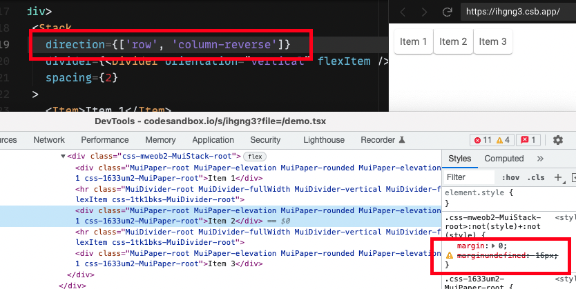 [Stack] `direction` prop with array notation breaks spacing prop · Issue #32196 · mui/material ...