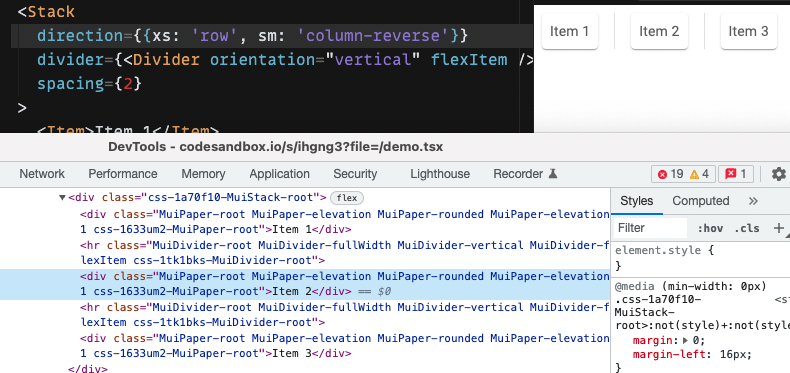 [Stack] `direction` prop with array notation breaks spacing prop ...