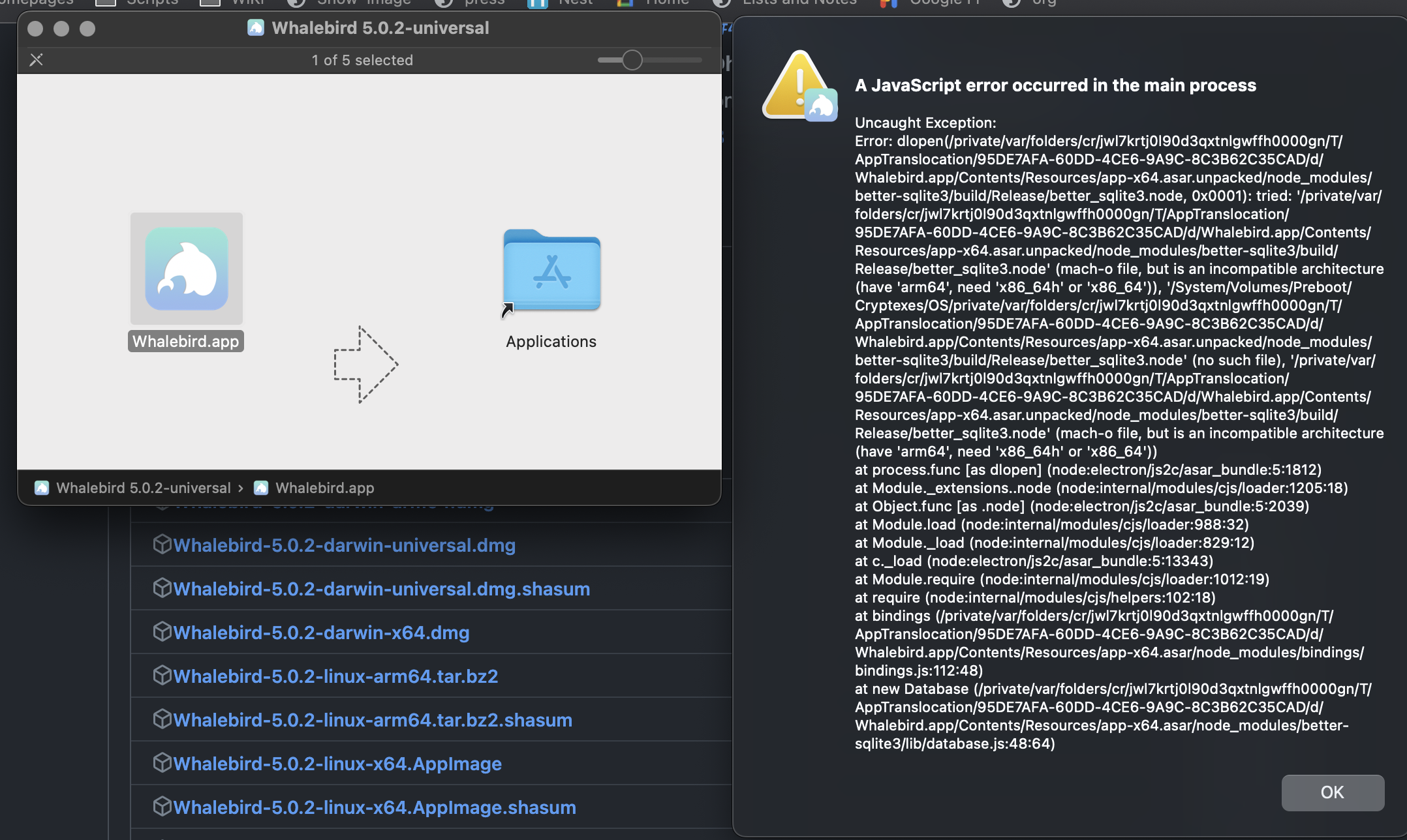 MacOS 5.0.2 on x86_64 breaks with error about Sqlite3 on ARM · Issue #4220 · h3poteto/whalebird ...