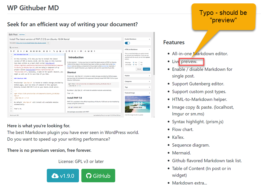Typo on https://wordpress.org/plugins/wp-githuber-md/ page · Issue #13 · terrylinooo/mynote · GitHub