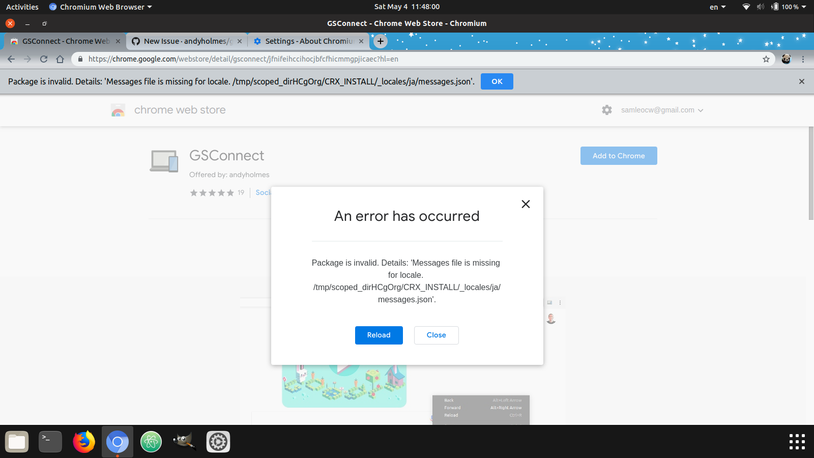 Error while installing Chrome Extension on Chromium: Package is invalid ...