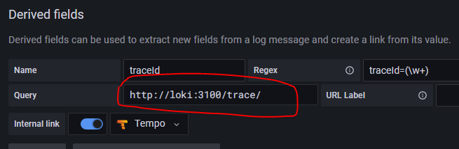 Loki datasource derived field configuration for URL fieldname is not filled in the GUI(query ...